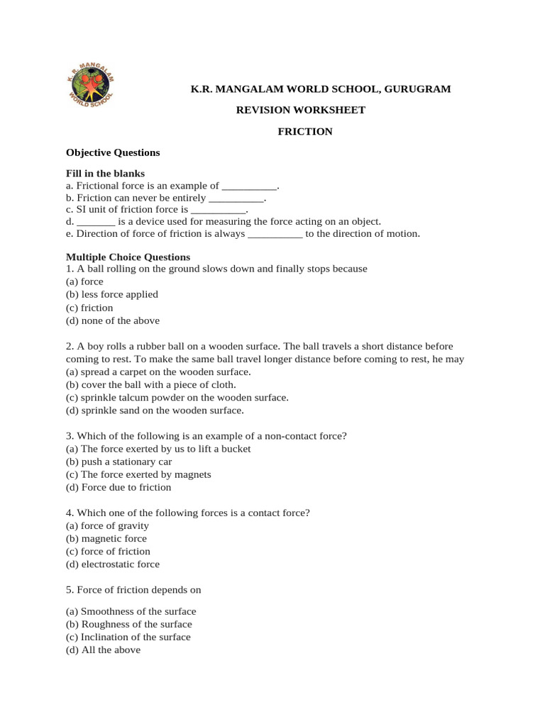 Friction Revision Worksheet | PDF | Force | Friction