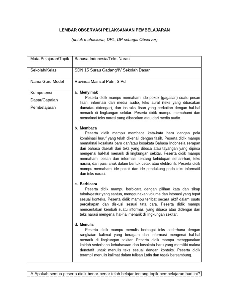 Lampiran 5. LK 4 Format Lembar Observasi Pelaksanaan Pembelajaran Untuk Observer | PDF