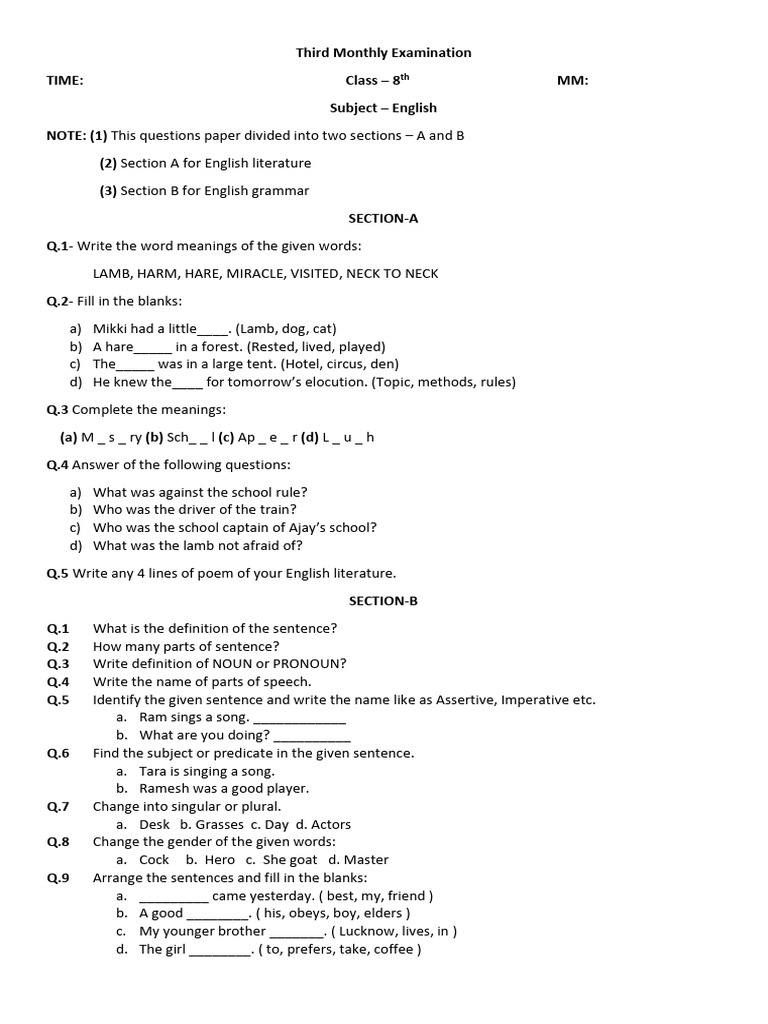 CLASS 8TH Third Monthly Examination | PDF | Language Arts & Discipline | Foreign Language Studies