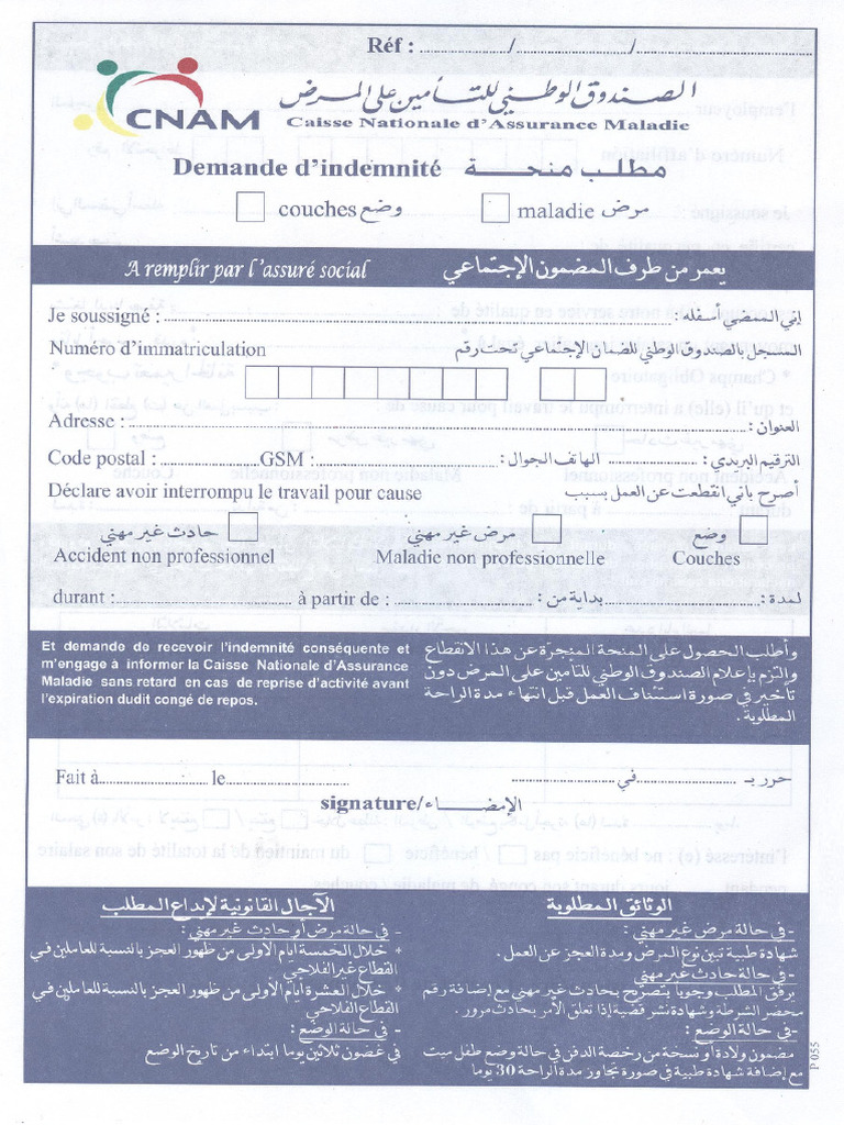 Demande D'indemnité Maladie Ou Accident Non Professionelle Ou Couches - CNAM-1rjd-Idaraty | PDF