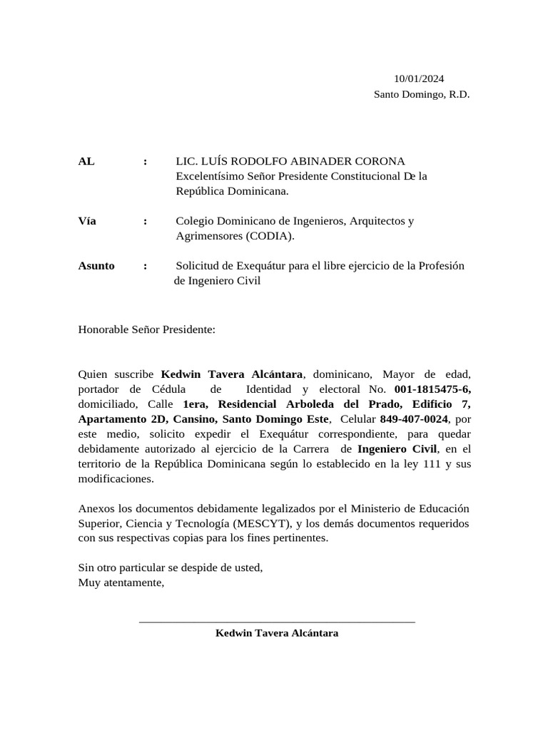 Modelo Carta Al Presidente Exequatur | PDF