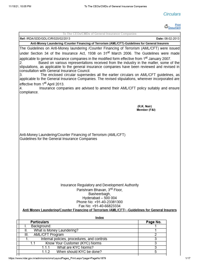 IRDAI AML Circular - General Insurance Companies | PDF