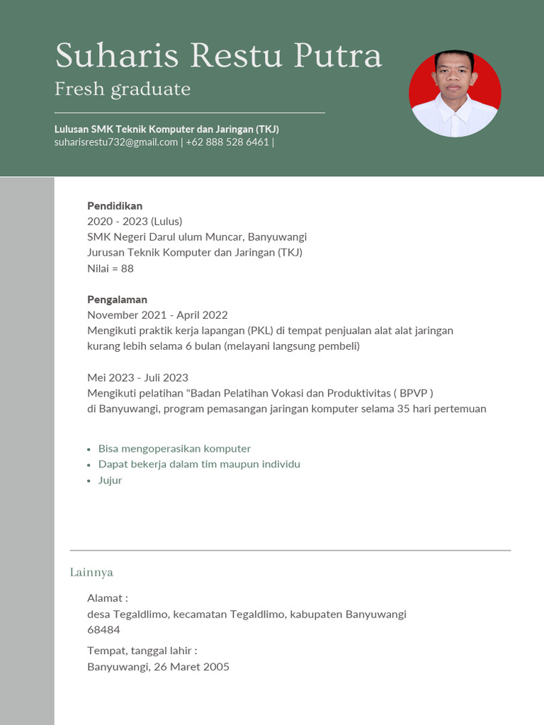 Suharis Restu Putra: Fresh Graduate | PDF