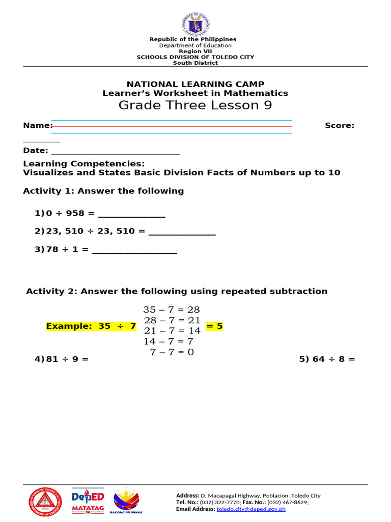 NLC Math 3 Lesson 12 | PDF