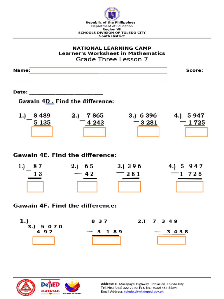 NLC Math 3 Lesson 7 Day 4 Additonal Activities | PDF