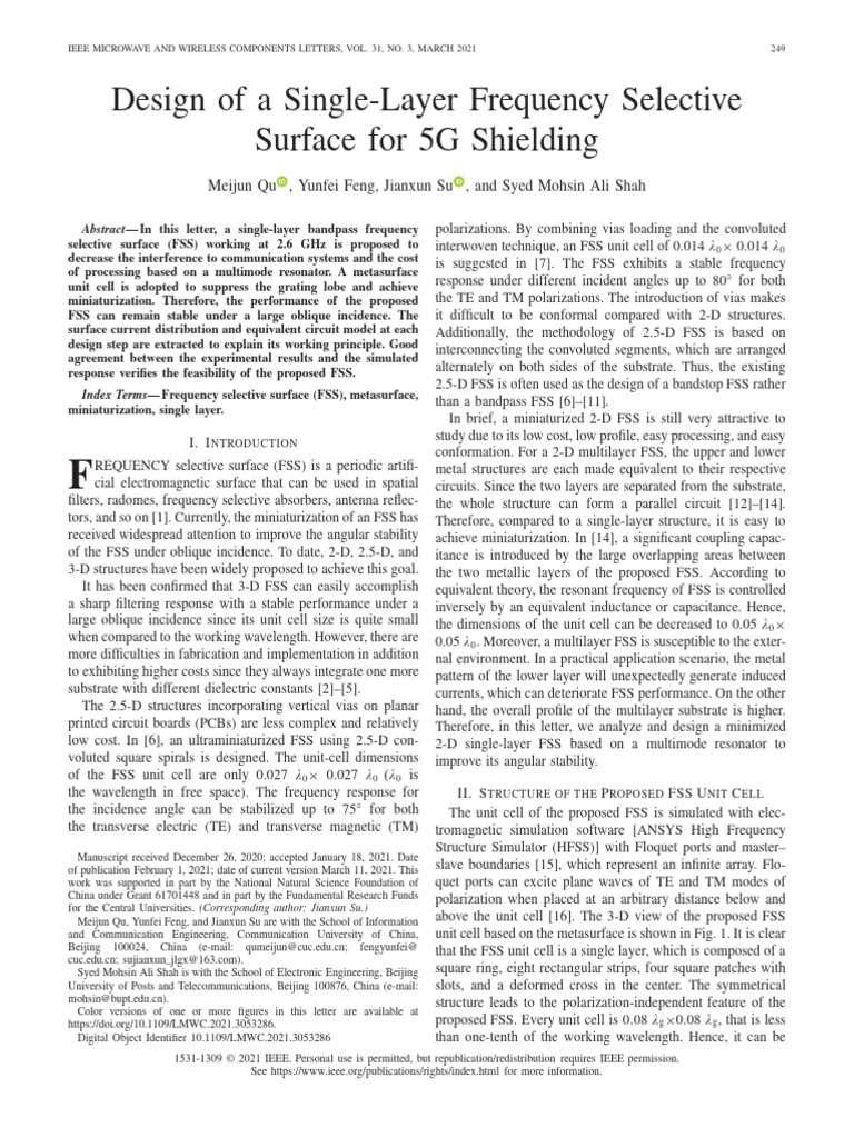 Design Of A Single Layer Frequency Selective Surface For 5g Shielding Pdf