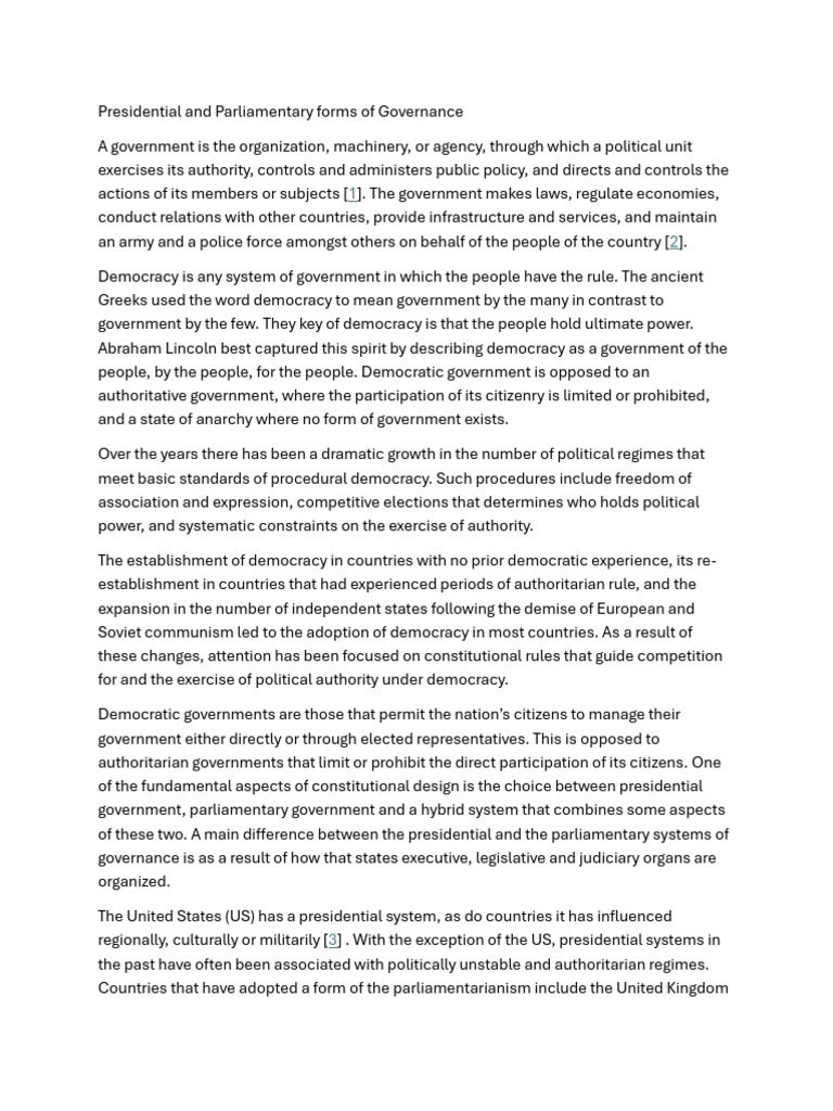 Presidential and Parliamentary Forms of Governance | PDF | Legislature ...