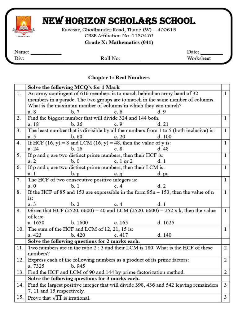 Real Numbers Worksheet Grade X | PDF