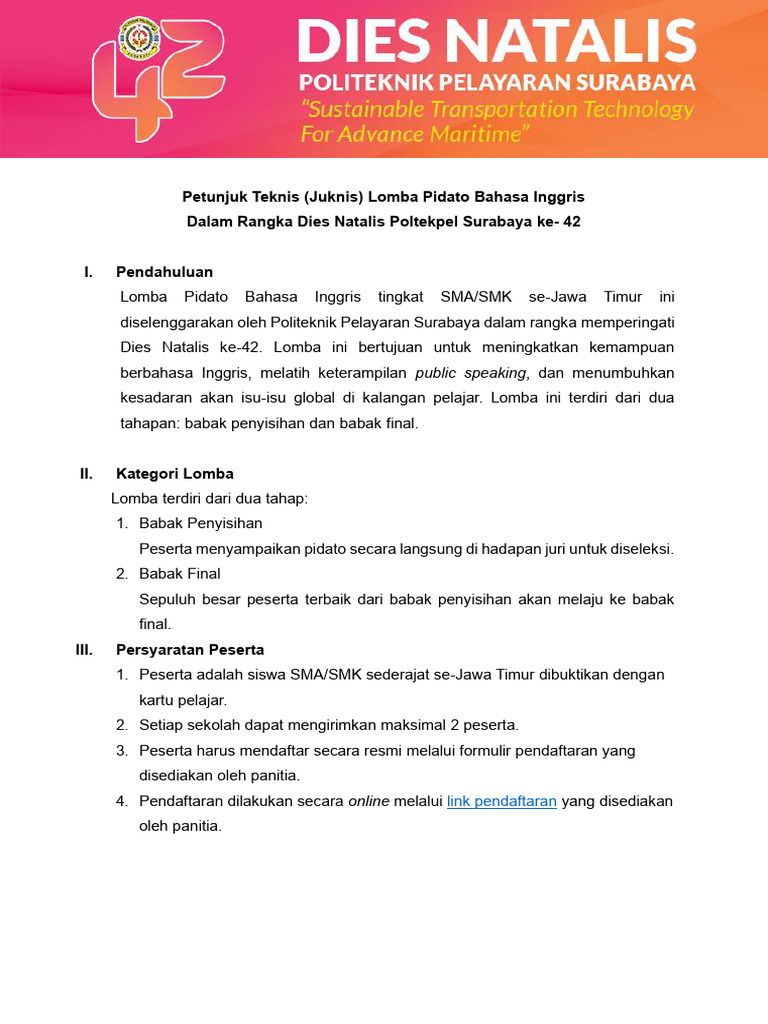 Juknis Lomba Pidato Dies Natalis Poltekpel Ke 42 | PDF