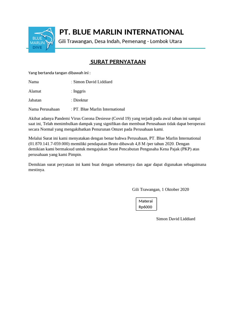Surat Pernyataan BMI Dibawah 4.8m - 2020 | PDF