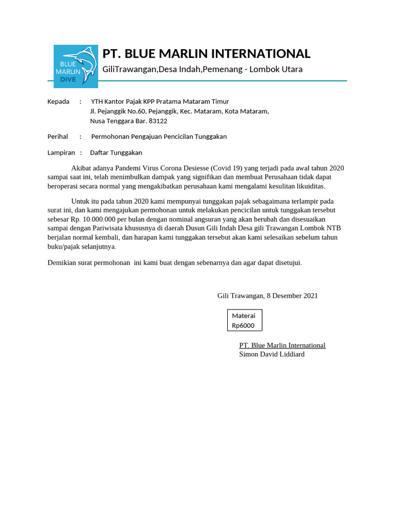 Surat Permohonan Pengajuan Pencicilan Tunggakan BMDC | PDF