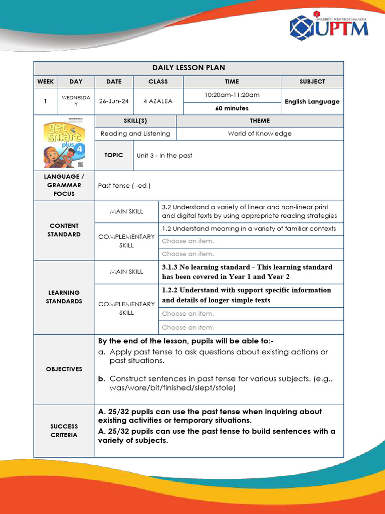 Year 4 Lesson Plan Uptm TCH 3143 (1) 2 | PDF | Lesson Plan | Teachers