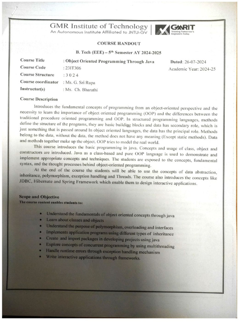 Handout BTech 2024-25 EEE 5th Sem OOPs | PDF