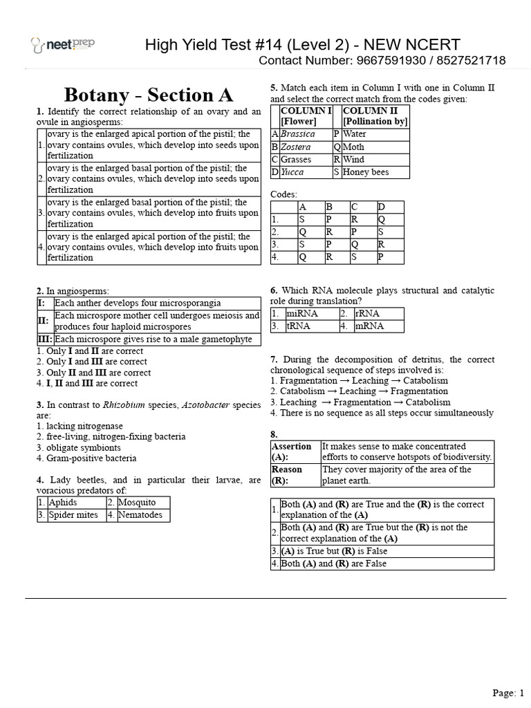 High Yield Test #14 (Level 2) - NEW NCERT | PDF