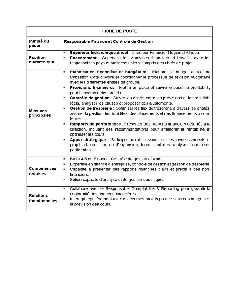 Fiche de Poste - Responsable Finance Et Contrôle de Gestion | PDF