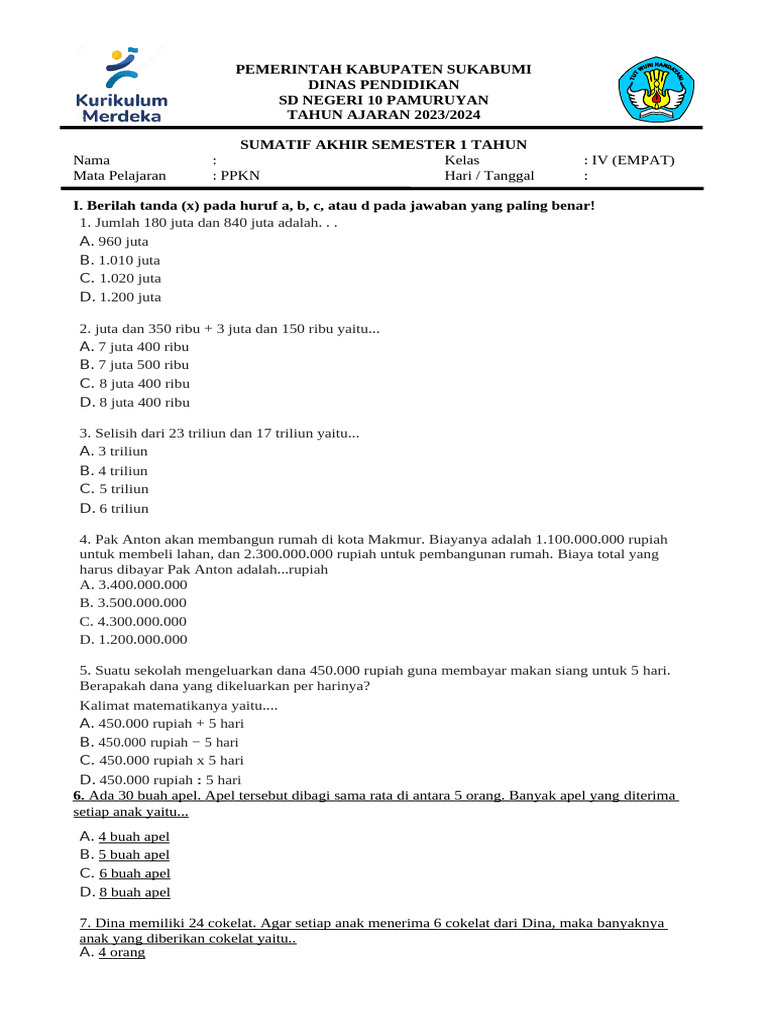 Soal Sumatif PAS MTK Kelas IV Semester 1 | PDF