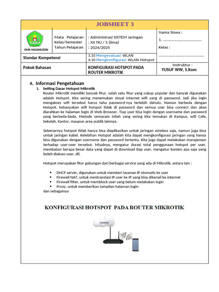 Jobsheet Praktikum Pengenalan Dasar Mikrotik 1 - Yusuf WW | PDF Jobsheet Praktikum Pengenalan Dasar Mikrotik 1 - Yusuf WW | PDF