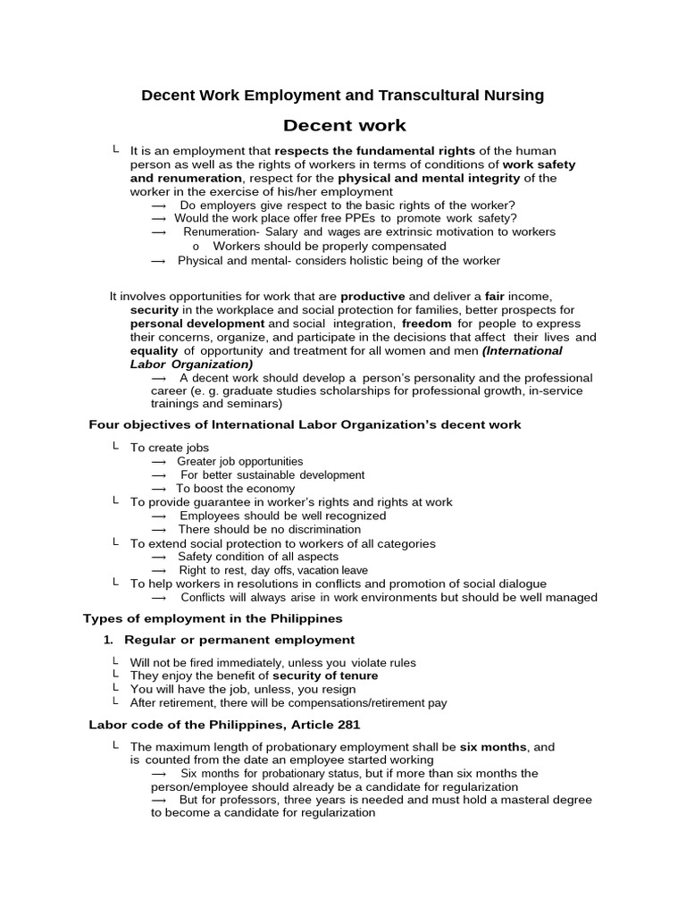 Handout 1 Decent Work Employment and Transcultural Nursing | PDF