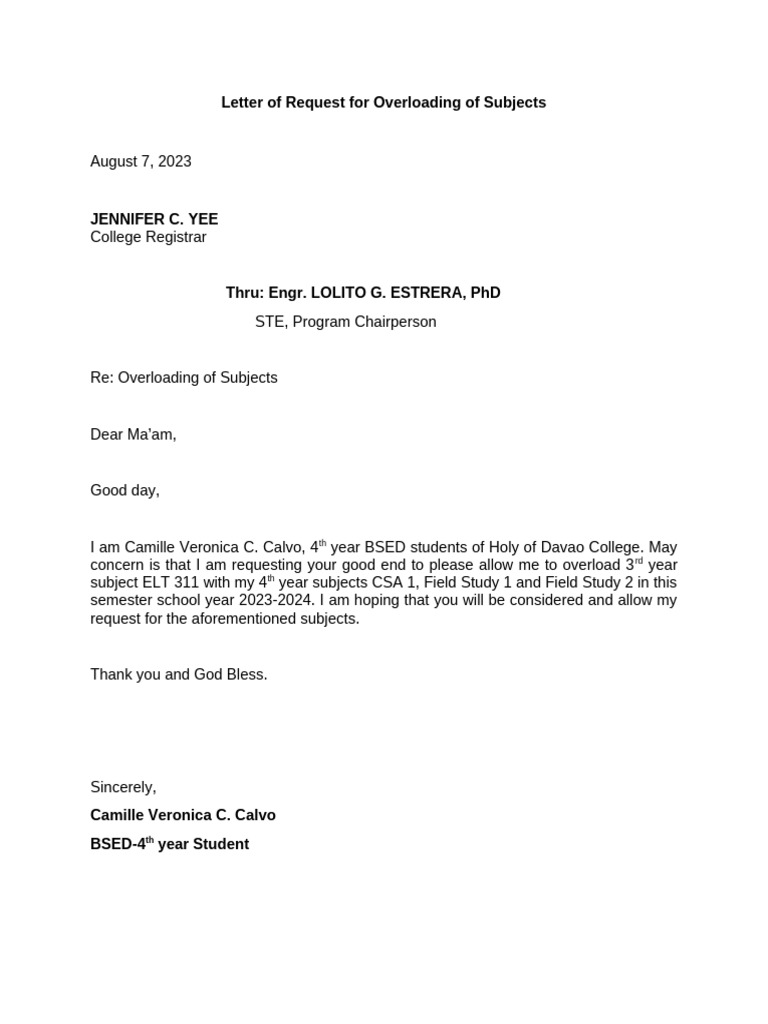 Letter of Request For Overloading of Subjects | PDF