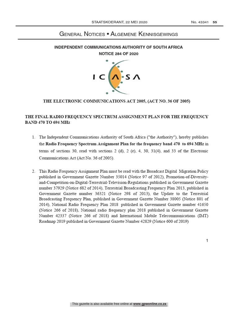 Radio Frequency Spectrum Assignment Plan For The Frequency Band 470 To 694MHz | PDF