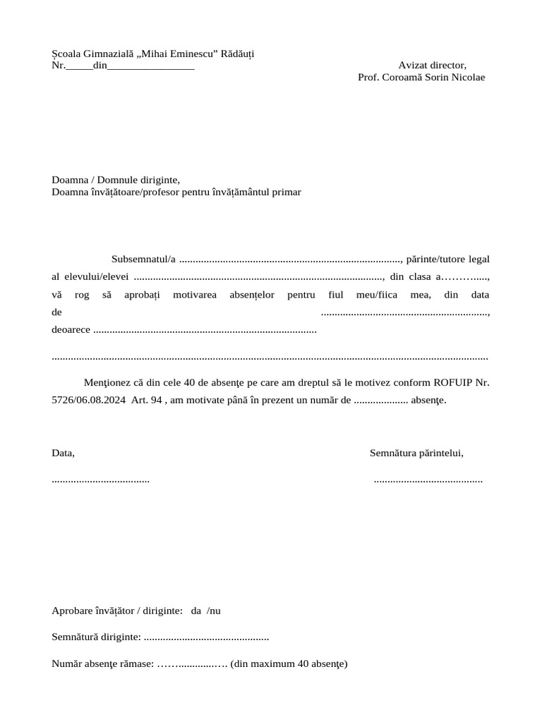 Cerere MOTIVARE ABSENTE | PDF