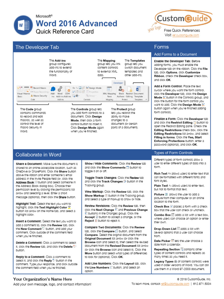 Microsoft Word 2016 Advanced - Quick Reference Card | PDF