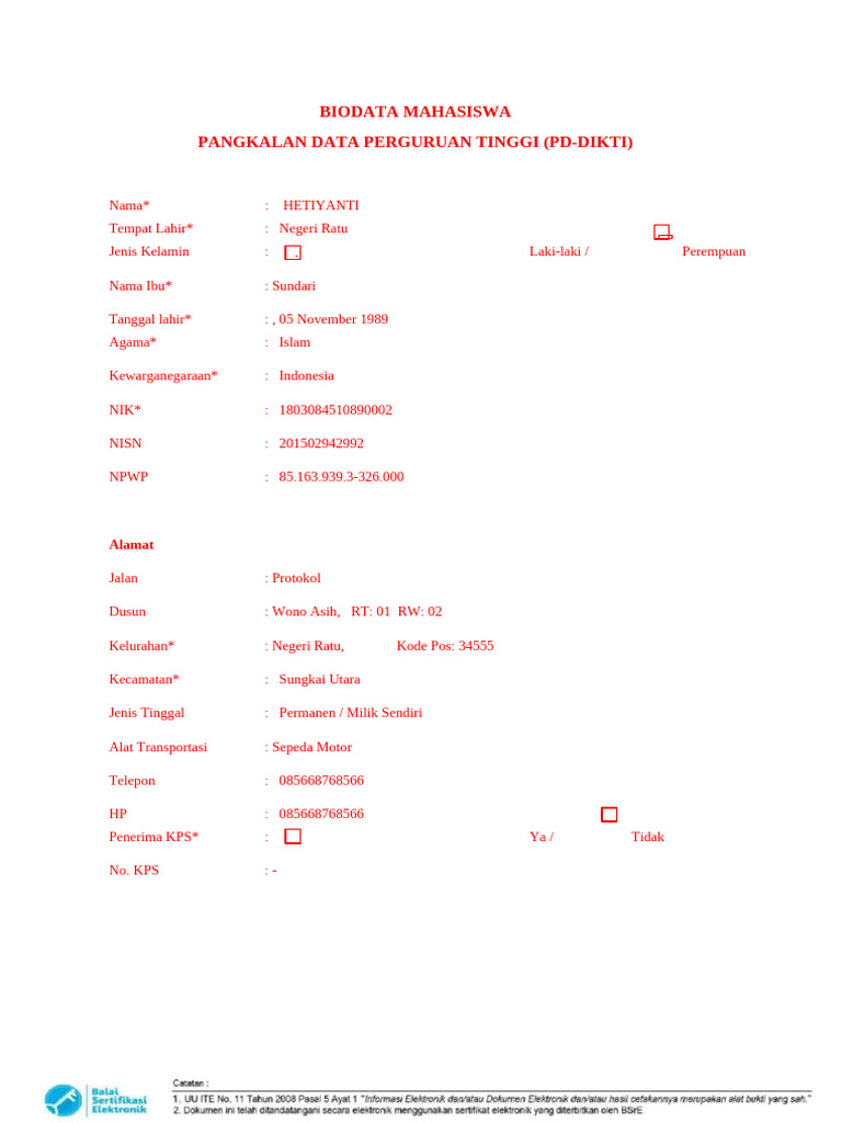 Biodata Mahasiswa Pd-Dikti | PDF
