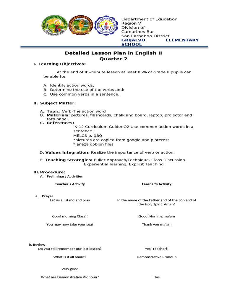 English II Lesson Plan: Action Verbs | PDF | Lesson Plan