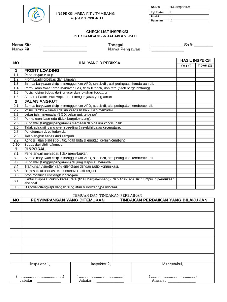 021.form Inspeksi Harian Pit-Tambang | PDF