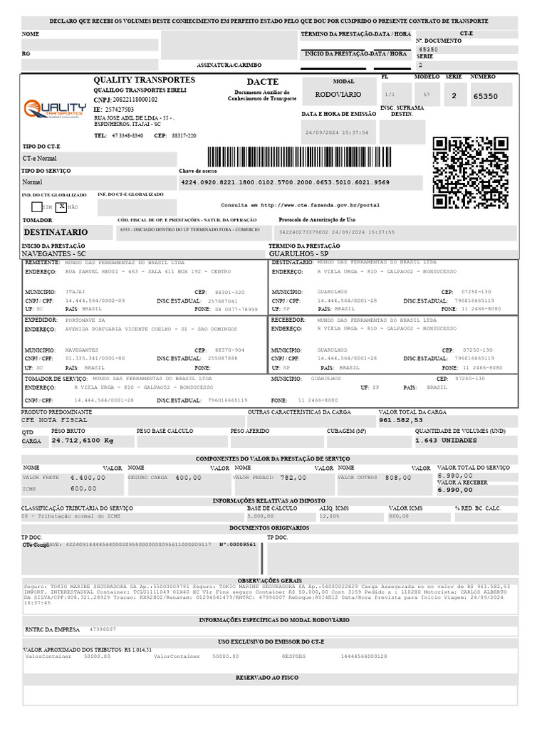 Quality Transportes: Dacte | PDF