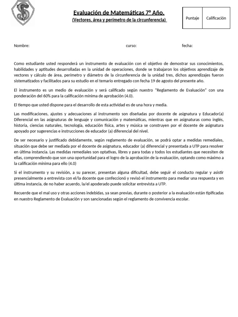 Prueba Mate - Vectores-Area-Per.7° | PDF