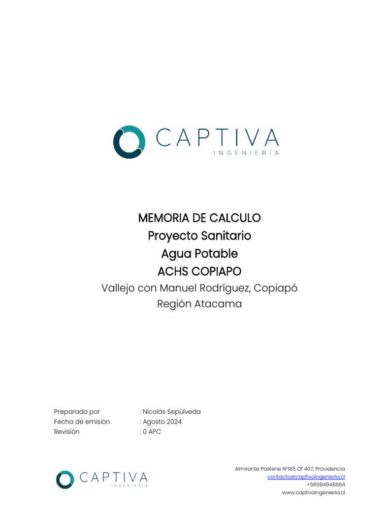 COP-SAN-AP-DOC-001-Memoria de Calculo Agua Potab | PDF