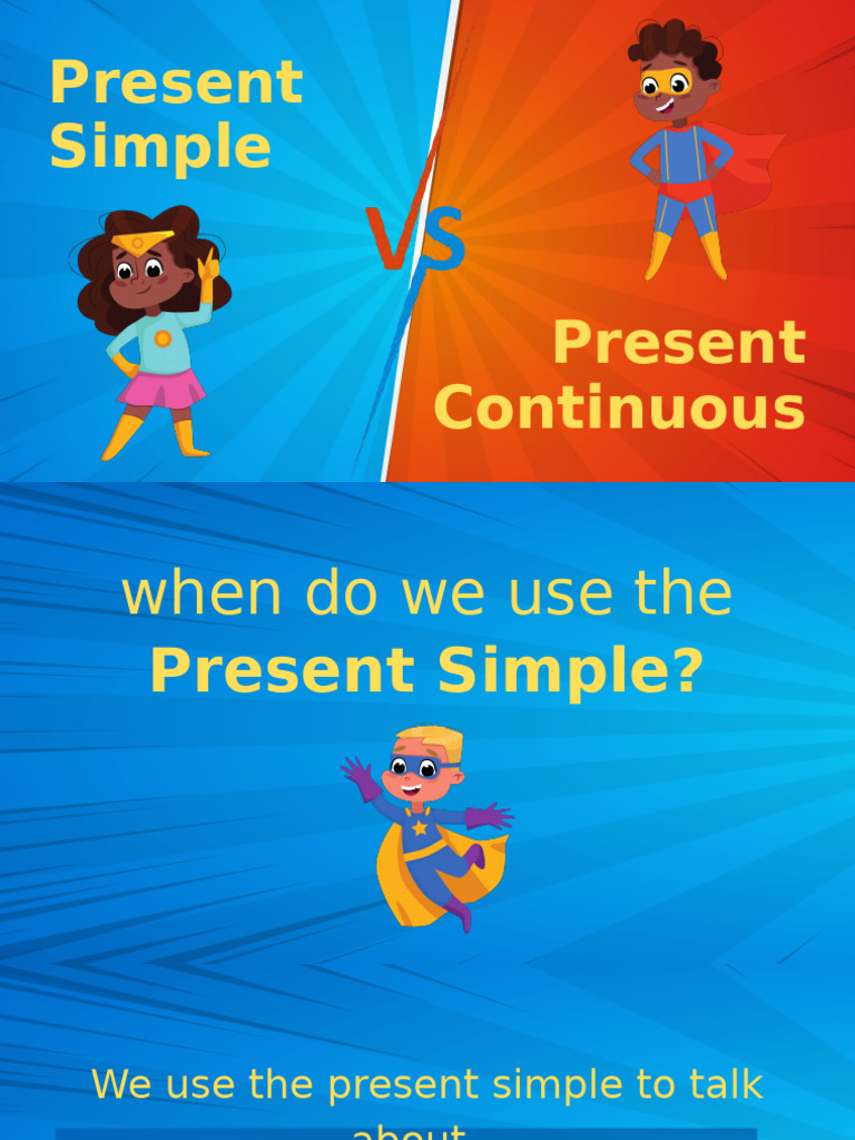 Red and Blue Bright Superheroes Present Simple Vs Present Continuous ...