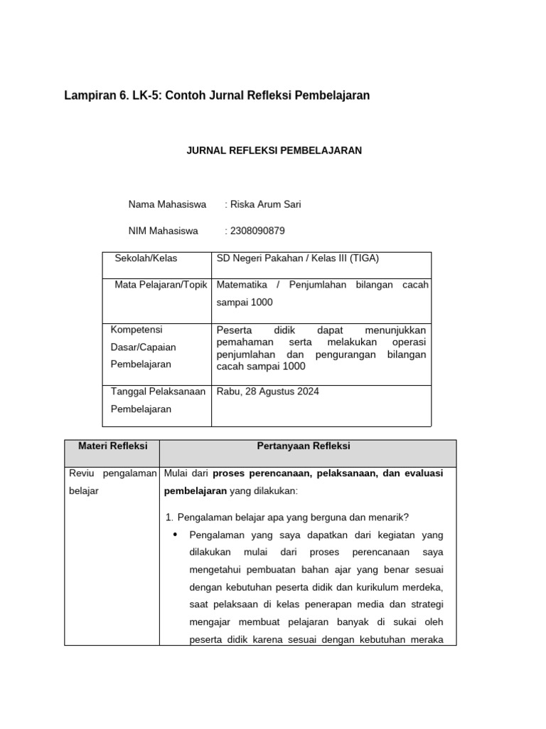 LK 5 SIKLUS III - Jurnal Refleksi Pembelajaran | PDF
