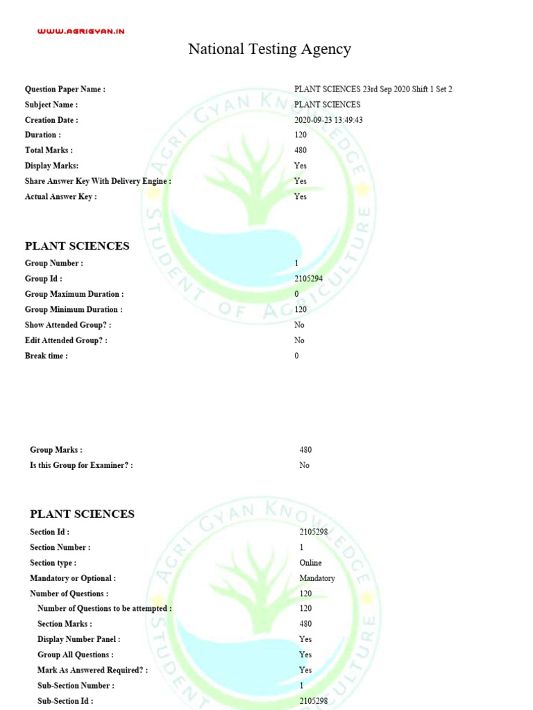 Plant Sciences Icar Aieea PG Old Paper 2020 | PDF
