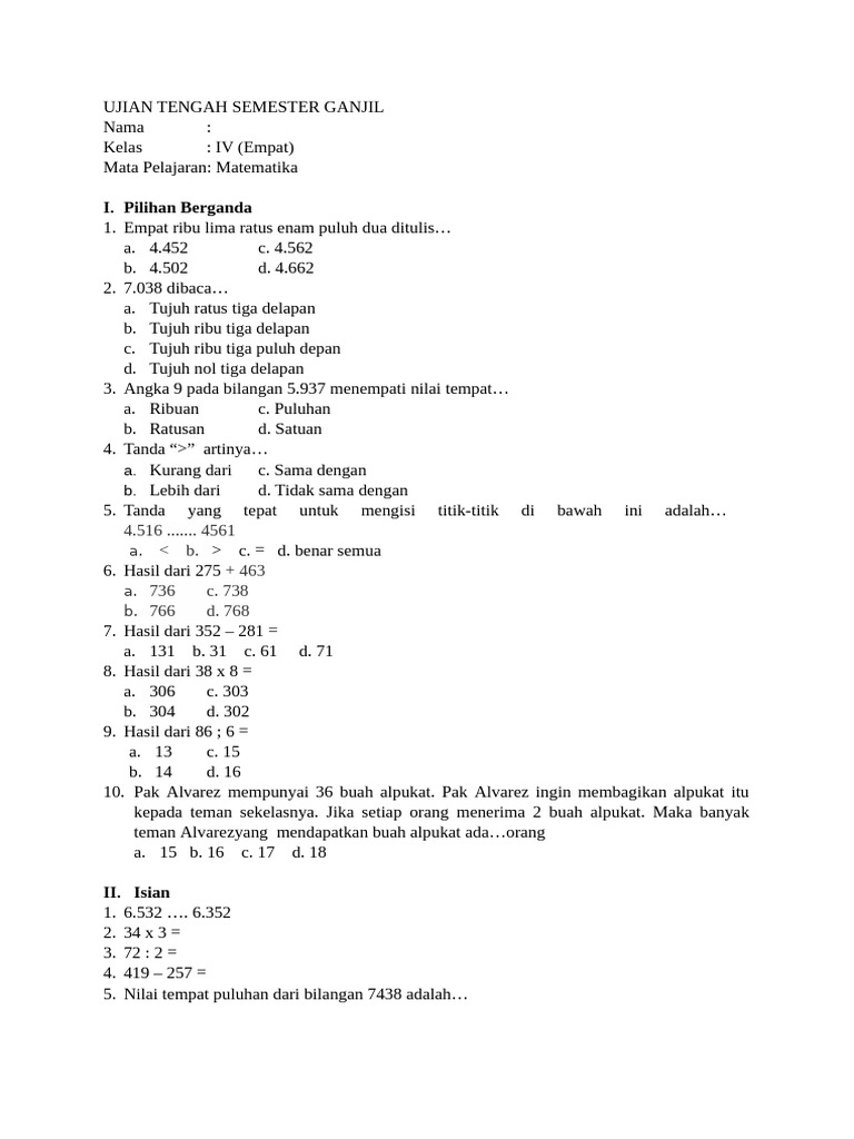 Uts Matematika Sem 1 KLS 4 | PDF