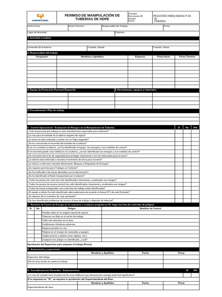 Pe102335z Hseq S&so1 F 04 Permiso Manip Tub Hdpe | PDF