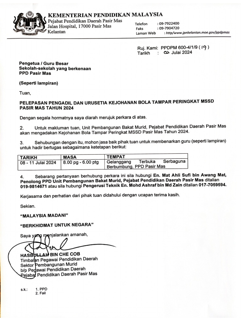 Surat Pelepasan Pengadil Dan Urusetia Kejohanan Bola Tampar Peringkat MSSD Pasir Mas Tahun 2024 ...
