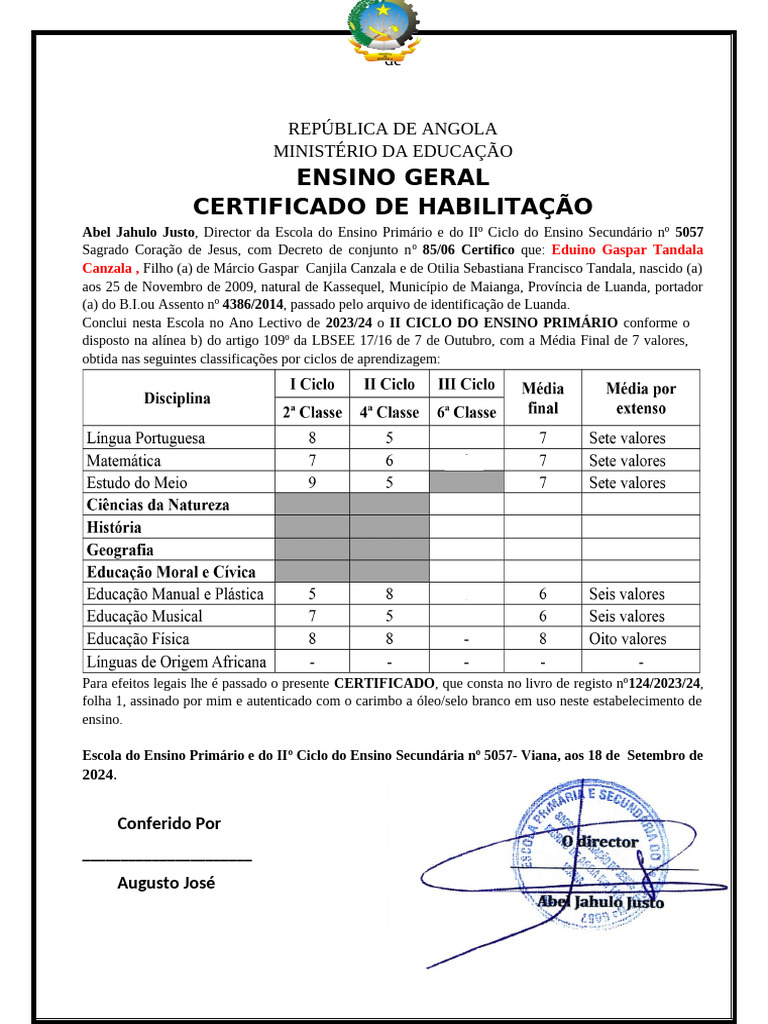 Certificado Ensino Primario | PDF