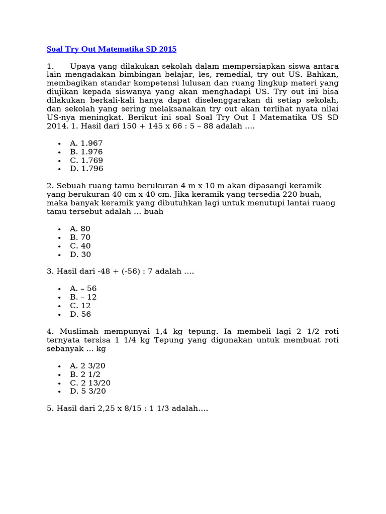 Soal Try Out Matematika SD 2015 | PDF