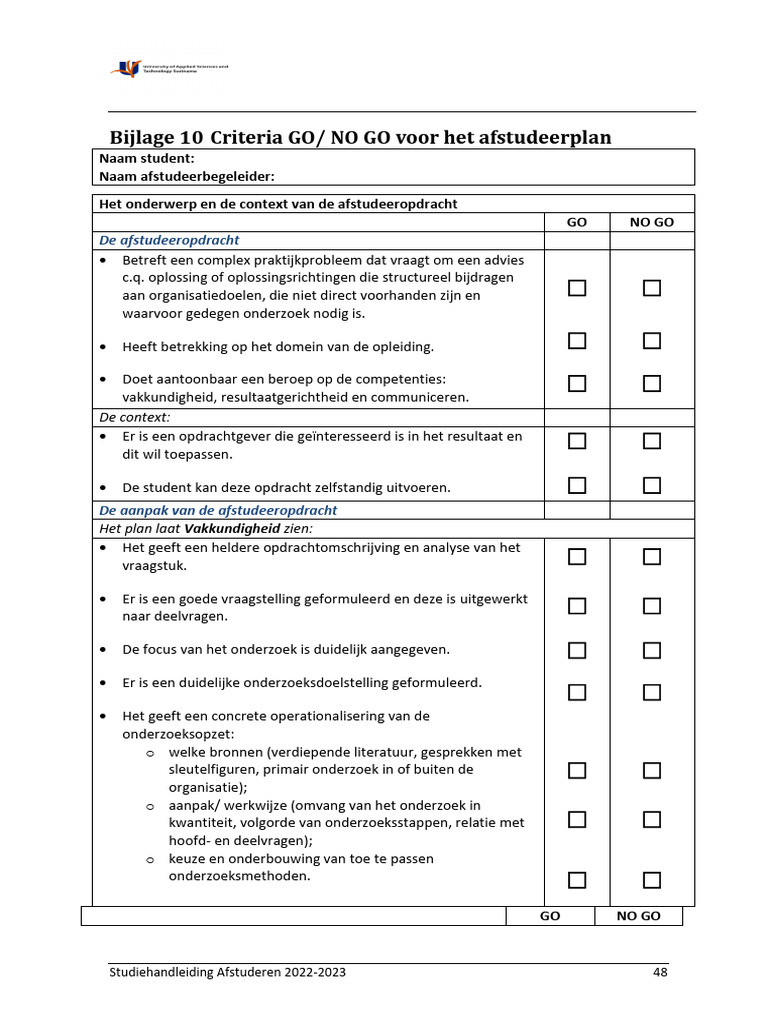GO-NO GO AFstudeerplan Checklist | PDF