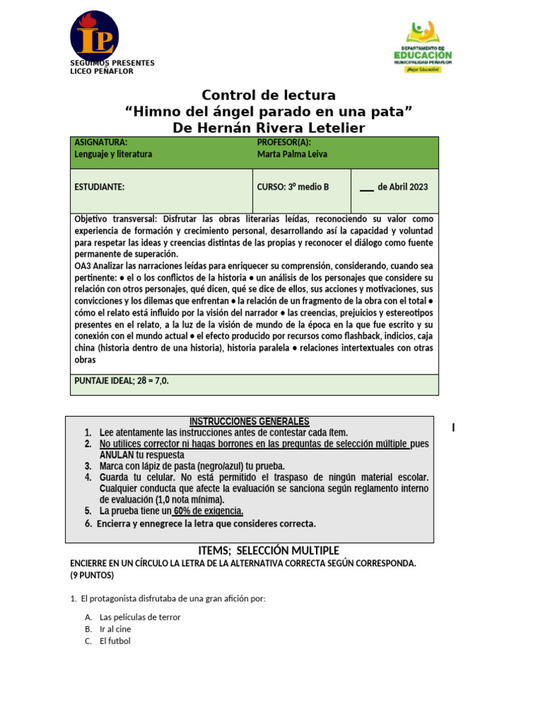 Control de Lect. Himno Del Angel Parado | PDF