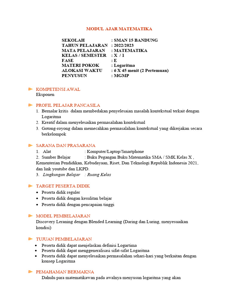 Modul Ajar Logaritma | PDF
