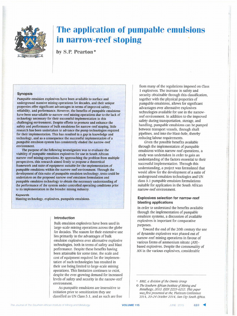 The Application of Pumpable Emulsions in Narrow Reef Stoping - SP ...