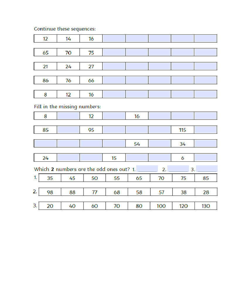 Number Sequences Worksheet Third Grade | PDF