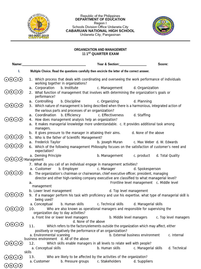 Organization -1st-Quarter Exam | PDF