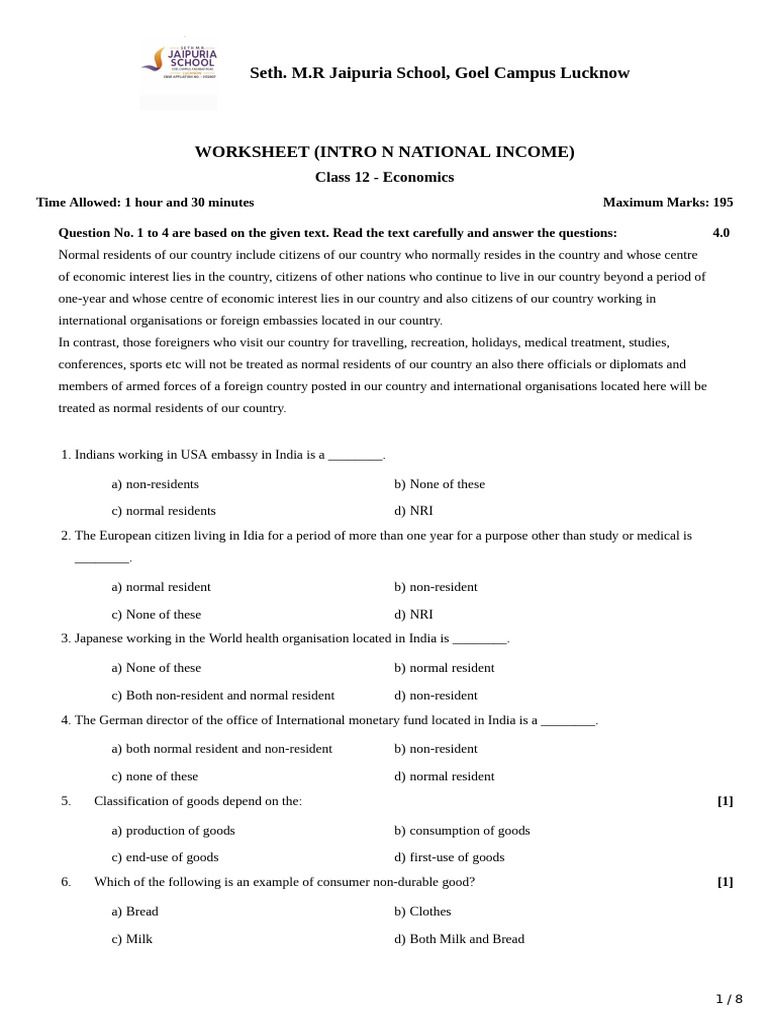 Worksheet (Intro N National Income) | PDF