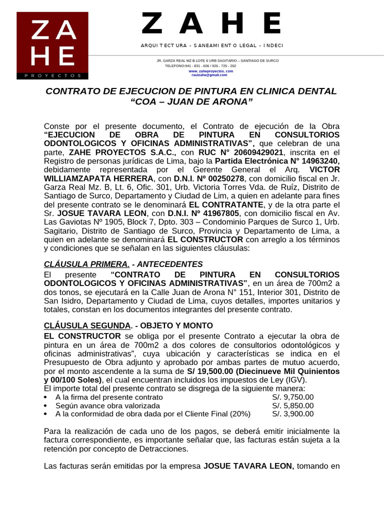 Contrato de Ejecucion de Pintura - Josue Tavara | PDF