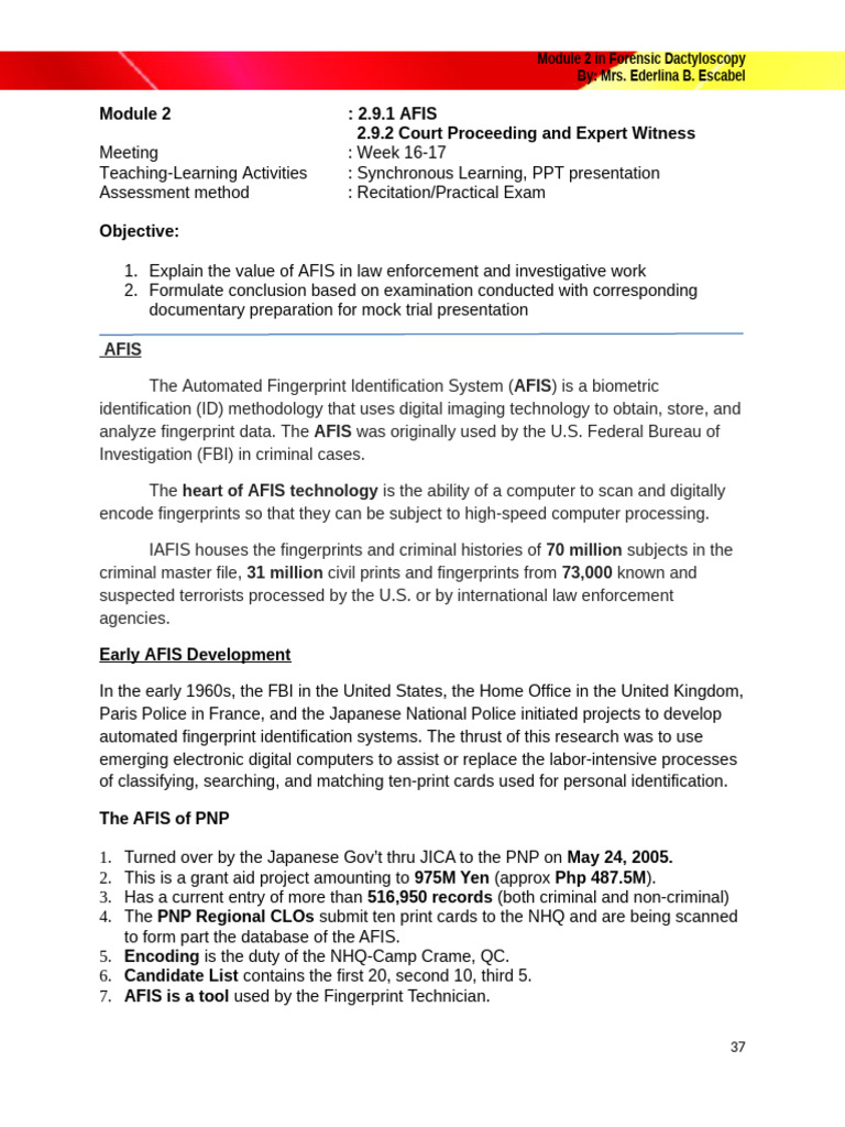 MODULE 2 2 9 1 AFIS and 9 2 Court Proceeding and Expert Witness | PDF