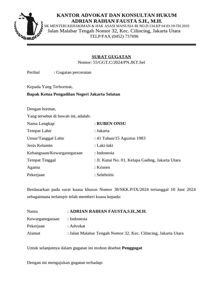 Format SURAT GUGATAN Perceraian | PDF